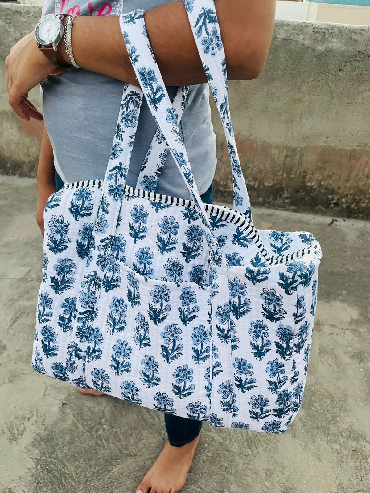 Large Cotton Quilted Duffle Tote Shoulder Bag, Floral Print Washable ...