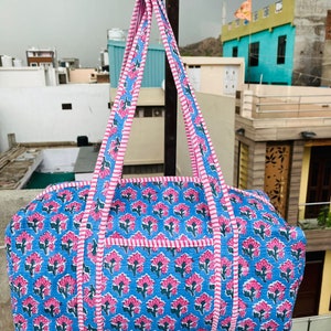 Large Cotton Weekender Travel Bag, Handmade Quilted Fabric Duffle Bag ...