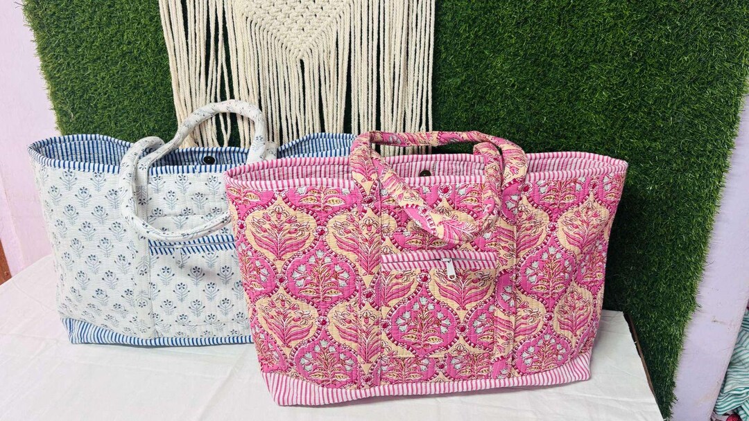 Hand Printed Cotton Quilted Bag, Block Print Tote Bag for Women, Boho ...