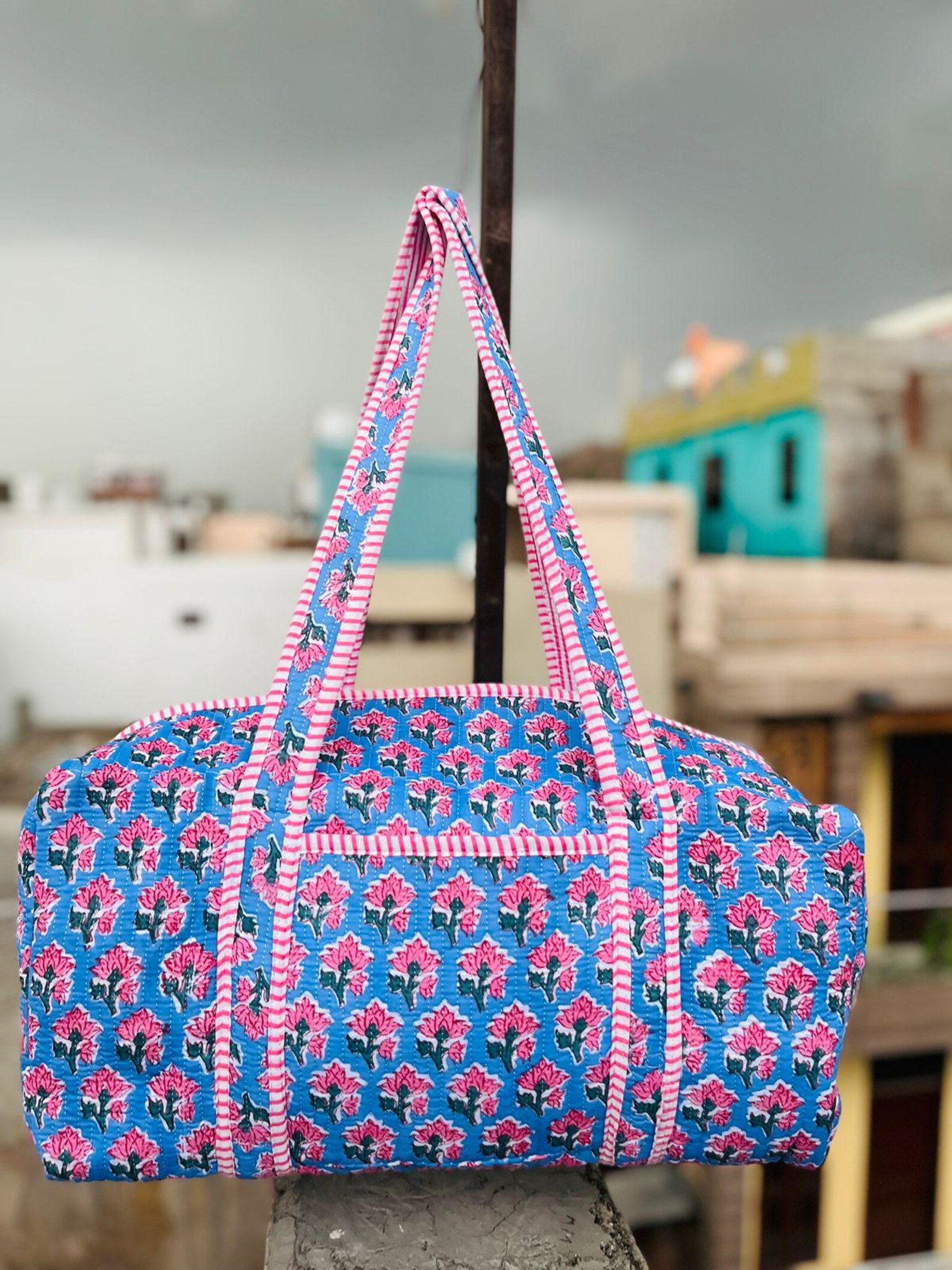 Large Cotton Weekender Travel Bag, Handmade Quilted Fabric Duffle Bag ...