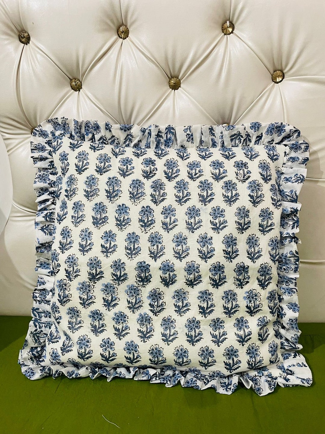 Indian Block Print Cotton Frill Cushion Cover, Bohemian Raffle Cushions ...