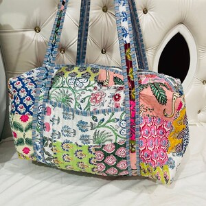 Large Cotton Weekender Travel Bag, Handmade Quilted Fabric Duffle Bag ...