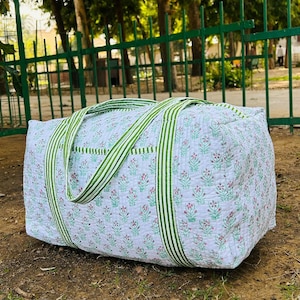 Large Cotton Weekender Travel Bag, Handmade Quilted Fabric Duffle Bag ...