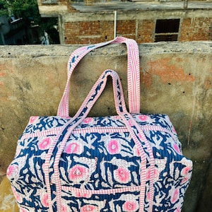 Large Cotton Weekender Travel Bag, Handmade Quilted Fabric Duffle Bag ...