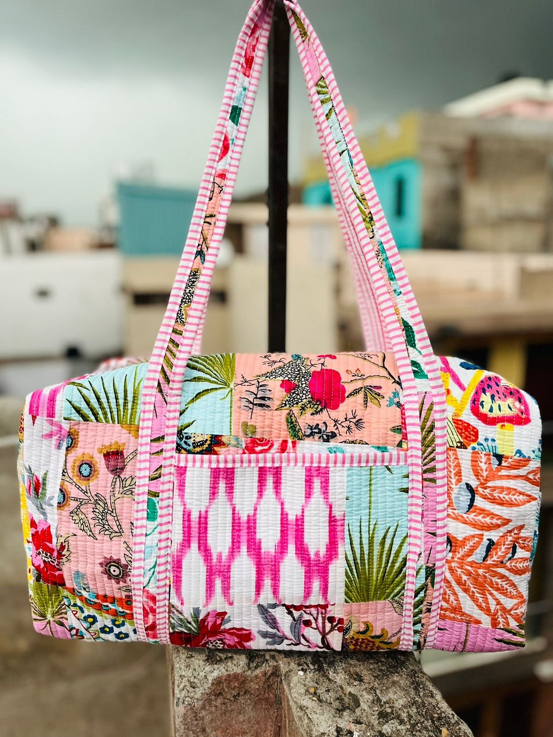 Large Cotton Weekender Travel Bag, Handmade Quilted Fabric Duffle Bag ...