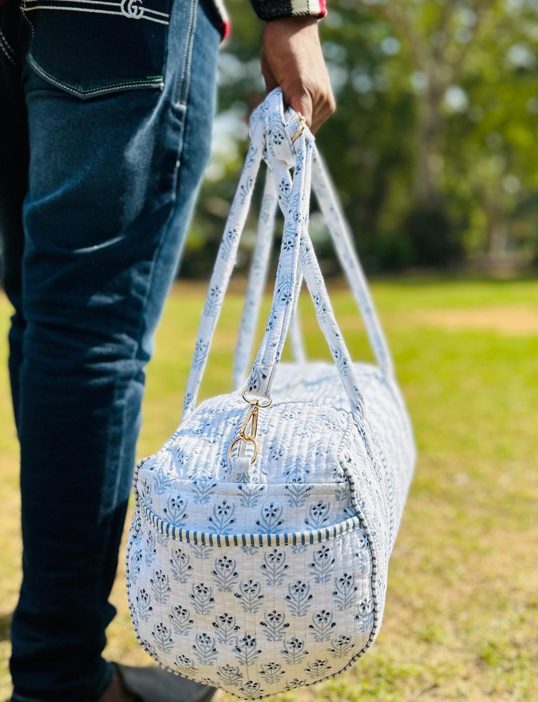 Large Cotton Weekender Travel Bag, Handmade Quilted Fabric Duffle Bag ...