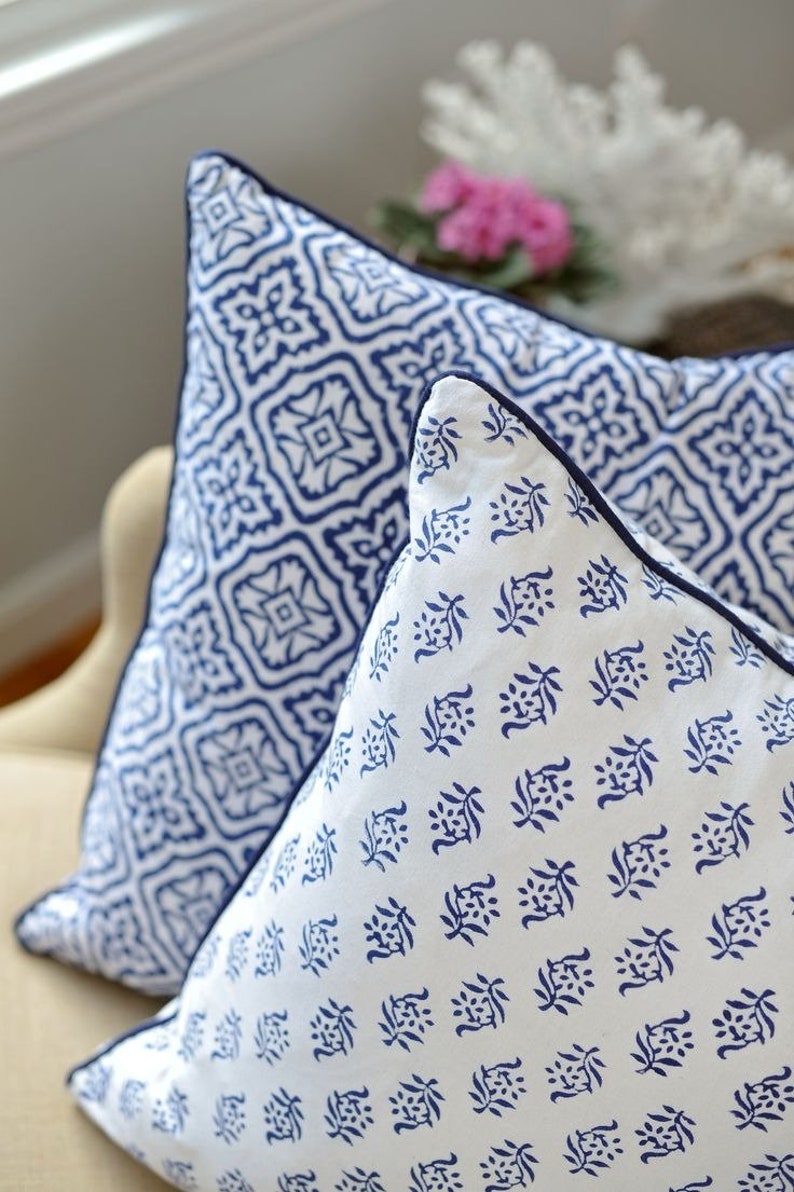 Block Printed Pillow With Piping and Welting, Bohemian Throw Pillow ...