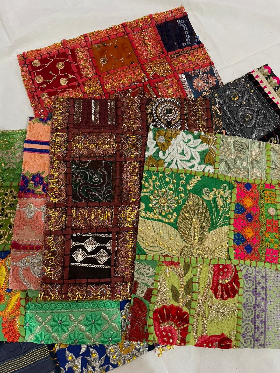 Vintage Boho Decorative Fabric Swatches-sparkly EMBROIDERED Indian ...
