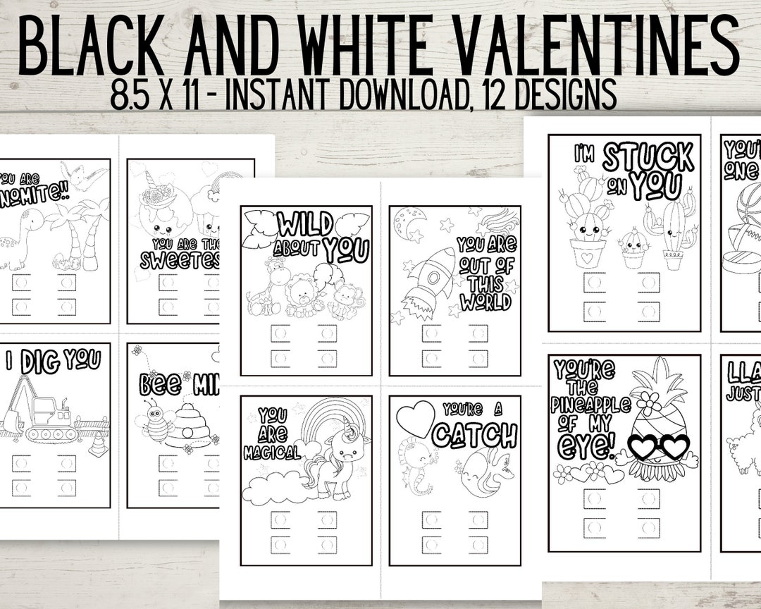 Black and White, Colouring Valentines Cards, Printable Digital Download ...