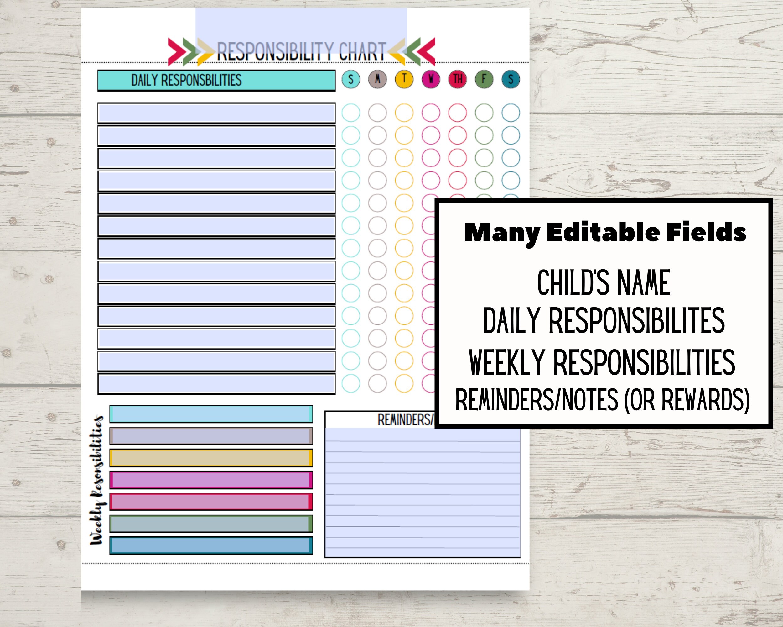 Editable Weekly Responsibility Chart, Chores for Kids, Organization ...