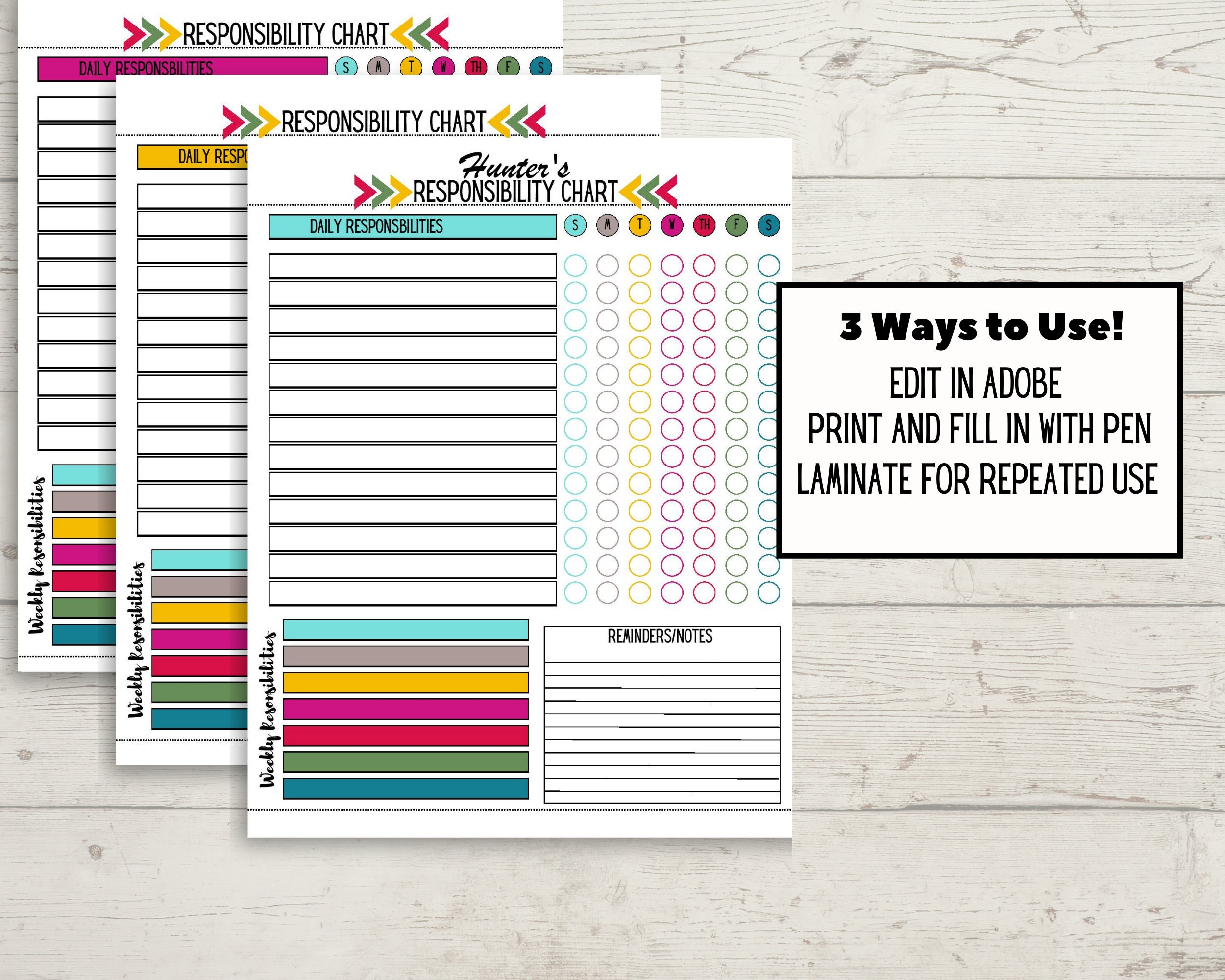 Editable Weekly Responsibility Chart, Chores for Kids, Organization ...