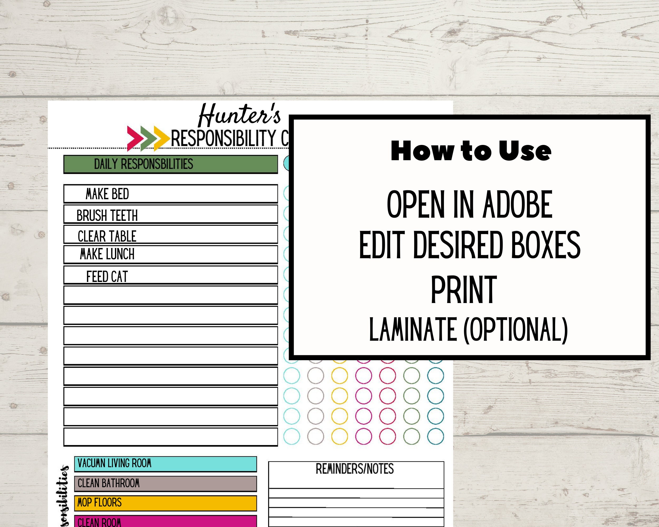 Editable Weekly Responsibility Chart, Chores for Kids, Organization ...