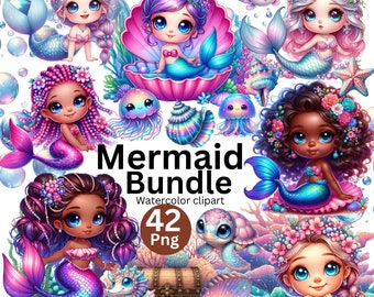 Mermaid Clipart Bundle, Watercolor Cute Mermaid Clipart Png, Cute Sea ...