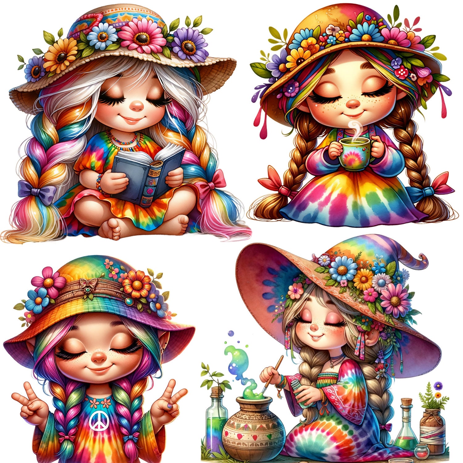 Hippie Gnome Girl Clipart, Watercolor PNG, Digital Download,boho Chic ...