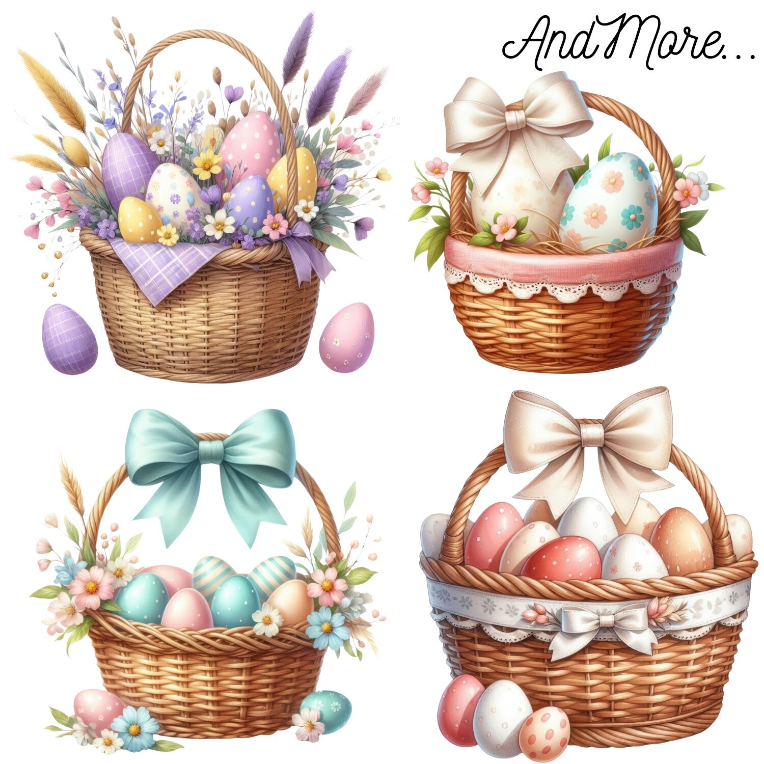 Easter Baskets Watercolor Clipart Bundle 25 PNG Floral Egg Basket ...