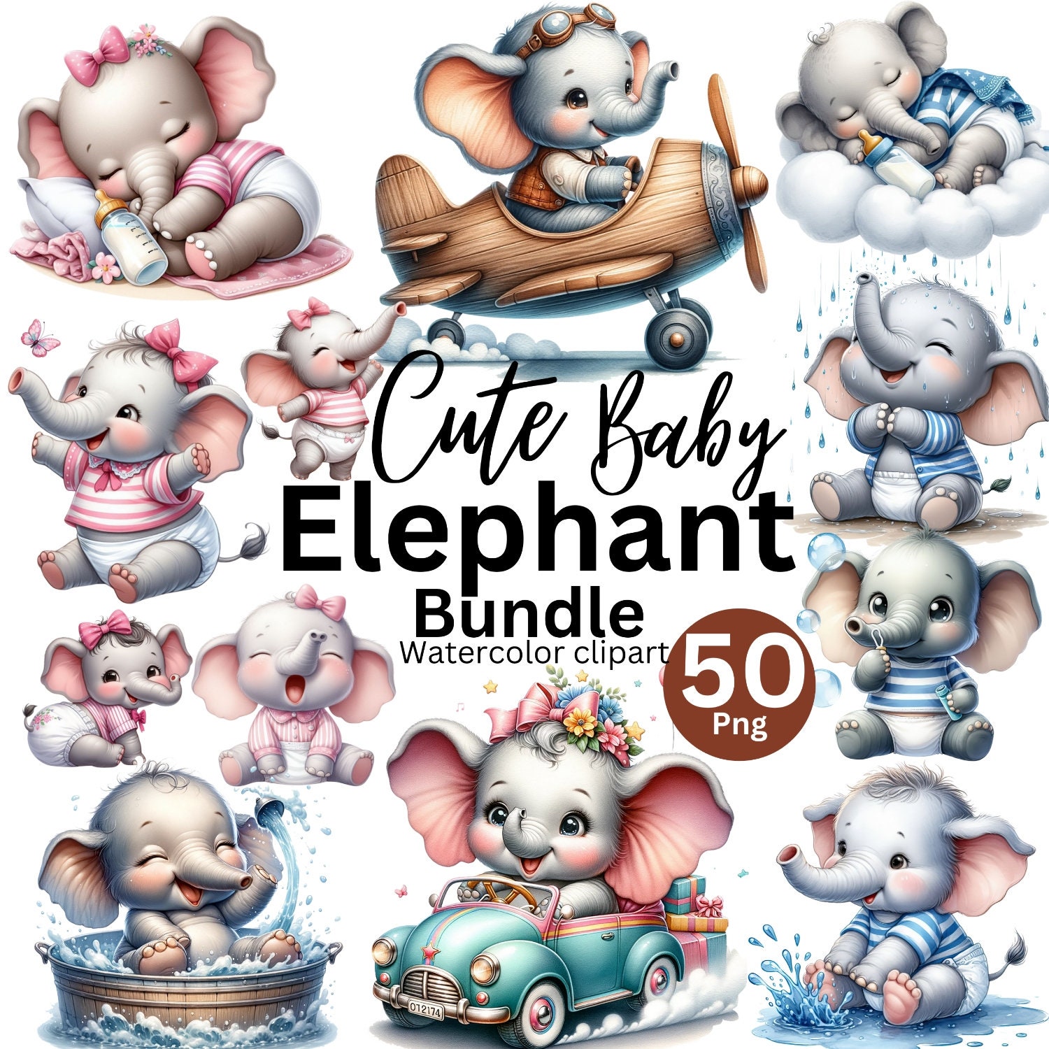 Cute Elephant Clipart, Watercolor Baby Boy Elephant Illustration,cute ...