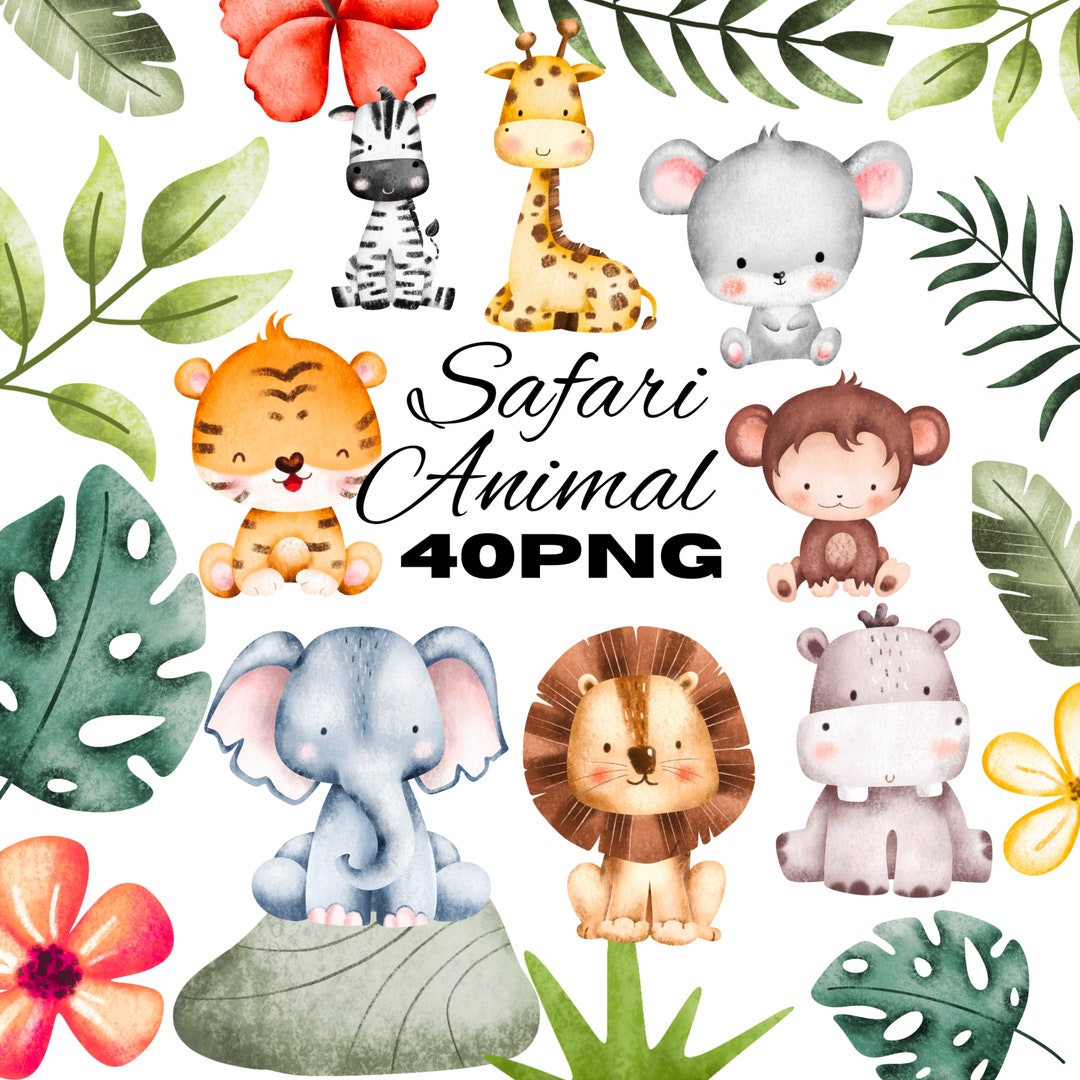 Watercolor Safari Animals Clipart, Cute Baby Safari Animals Clipart PNG ...