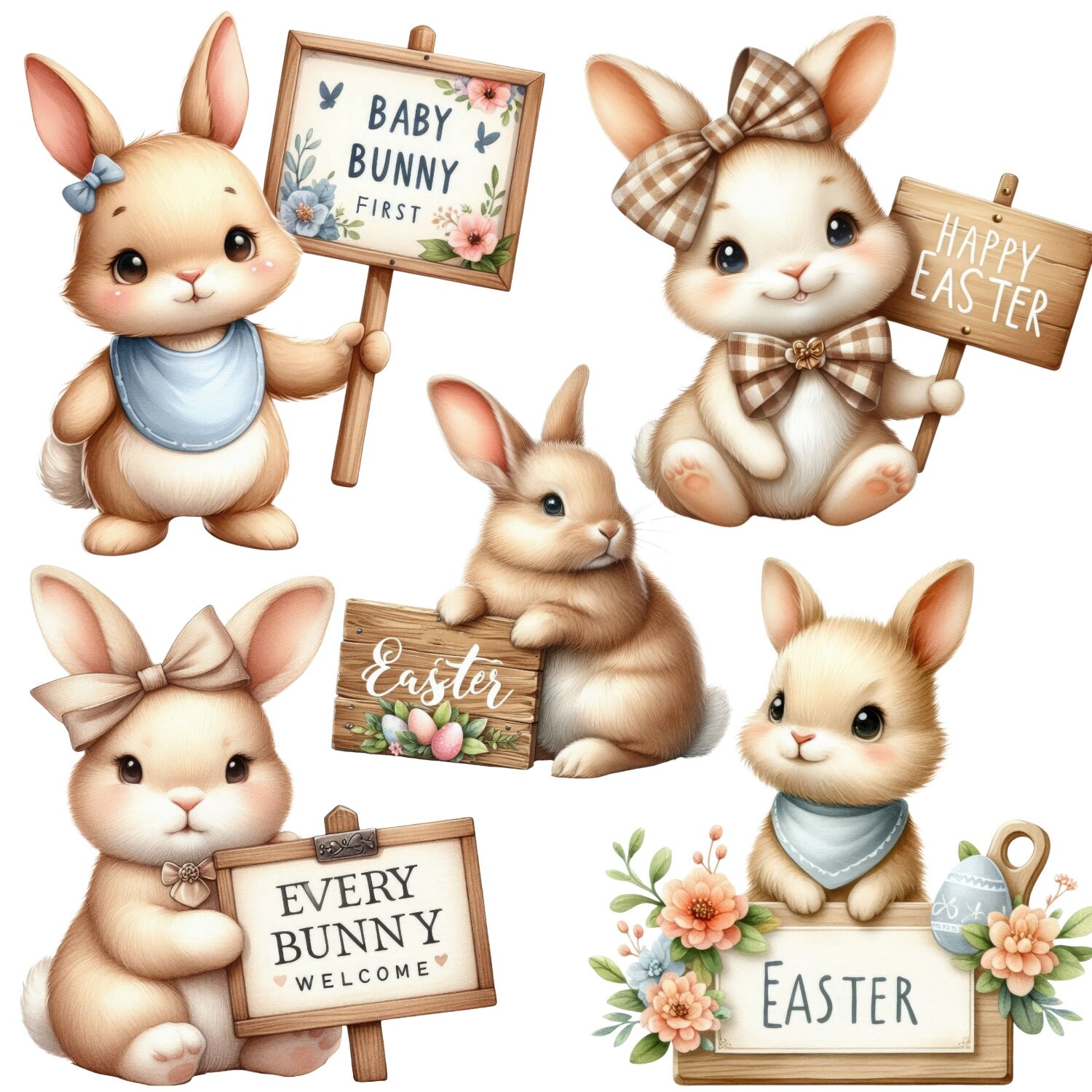 Watercolor Easter Bunnies Clipart, Spring Bundle,cute Baby Animals,png ...