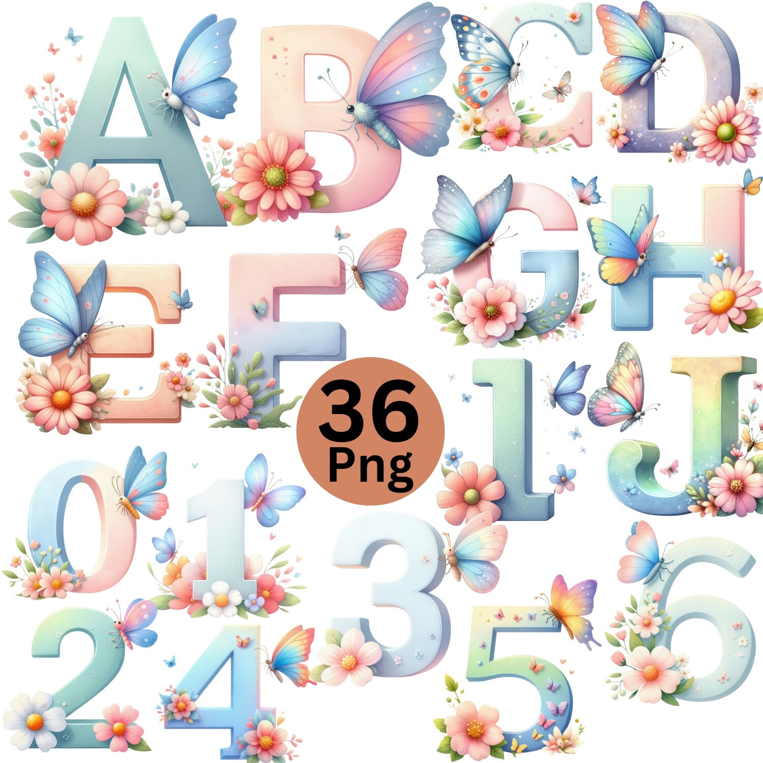 Watercolor Floral Alphabet Collection Clipart,36pngpastel Alphabet ...