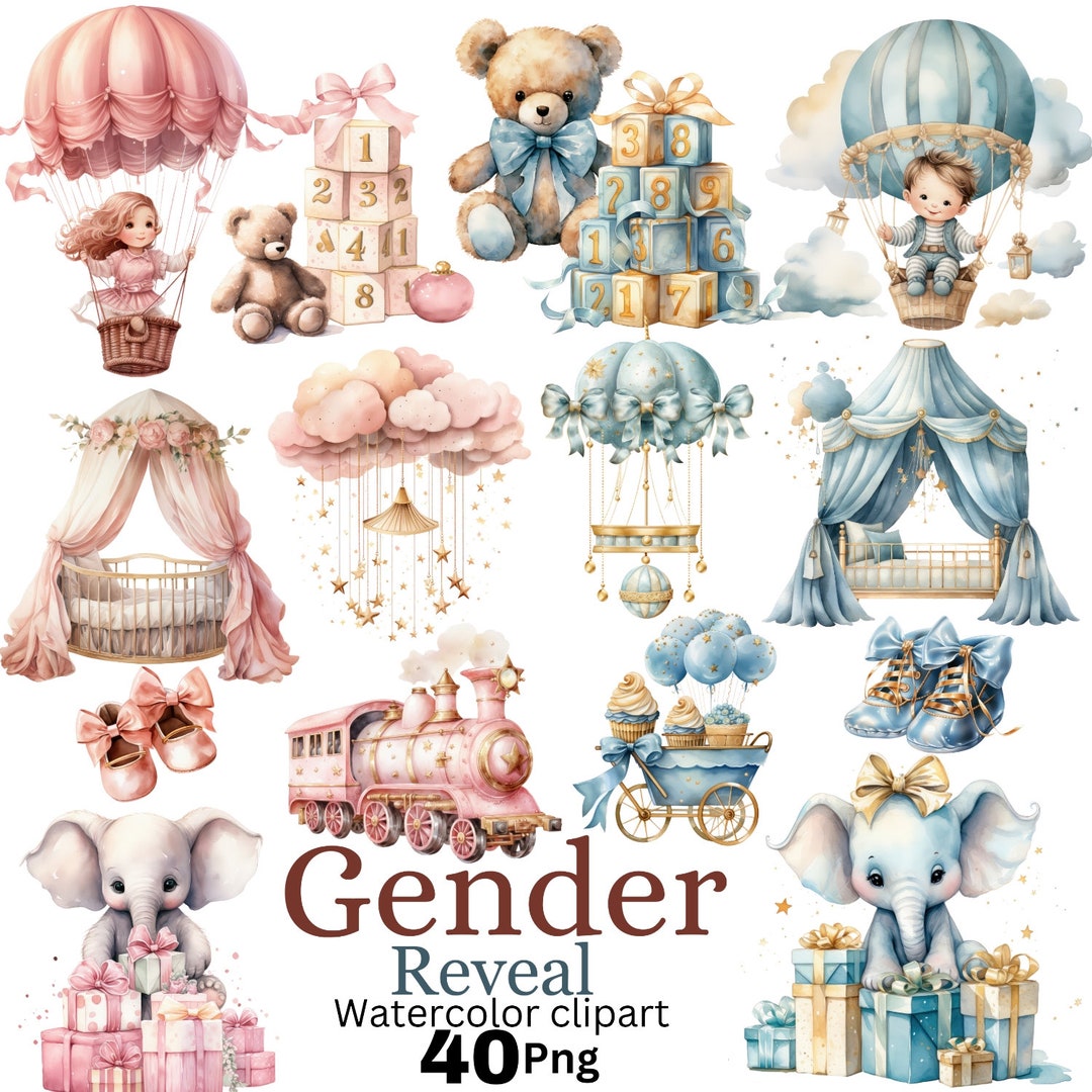 Gender Reveal Bundle, Watercolor Clipart, Baby Shower, Newborn Baby ...