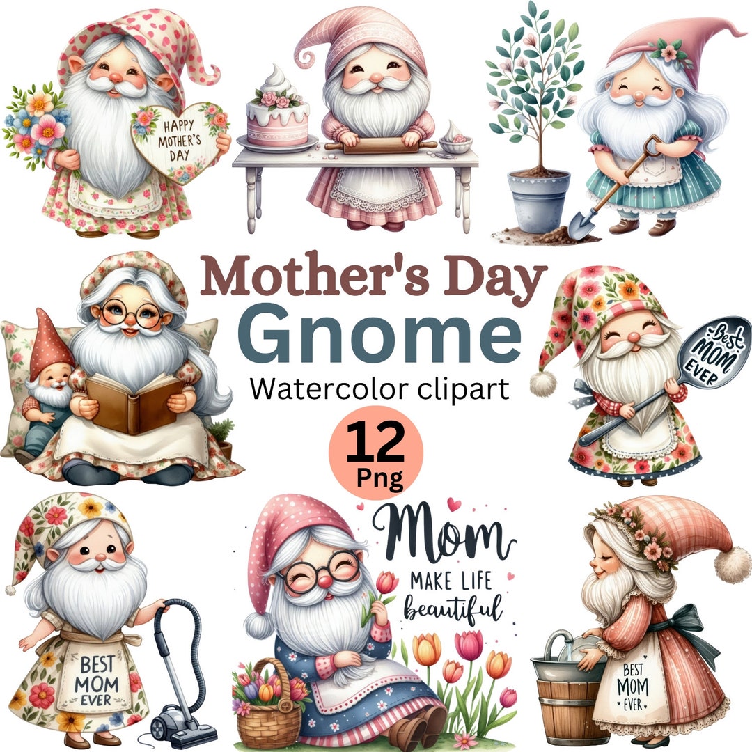 Watercolor Mother's Day Gnome Clipart Bundle,png, 12 Minimalist Cute ...