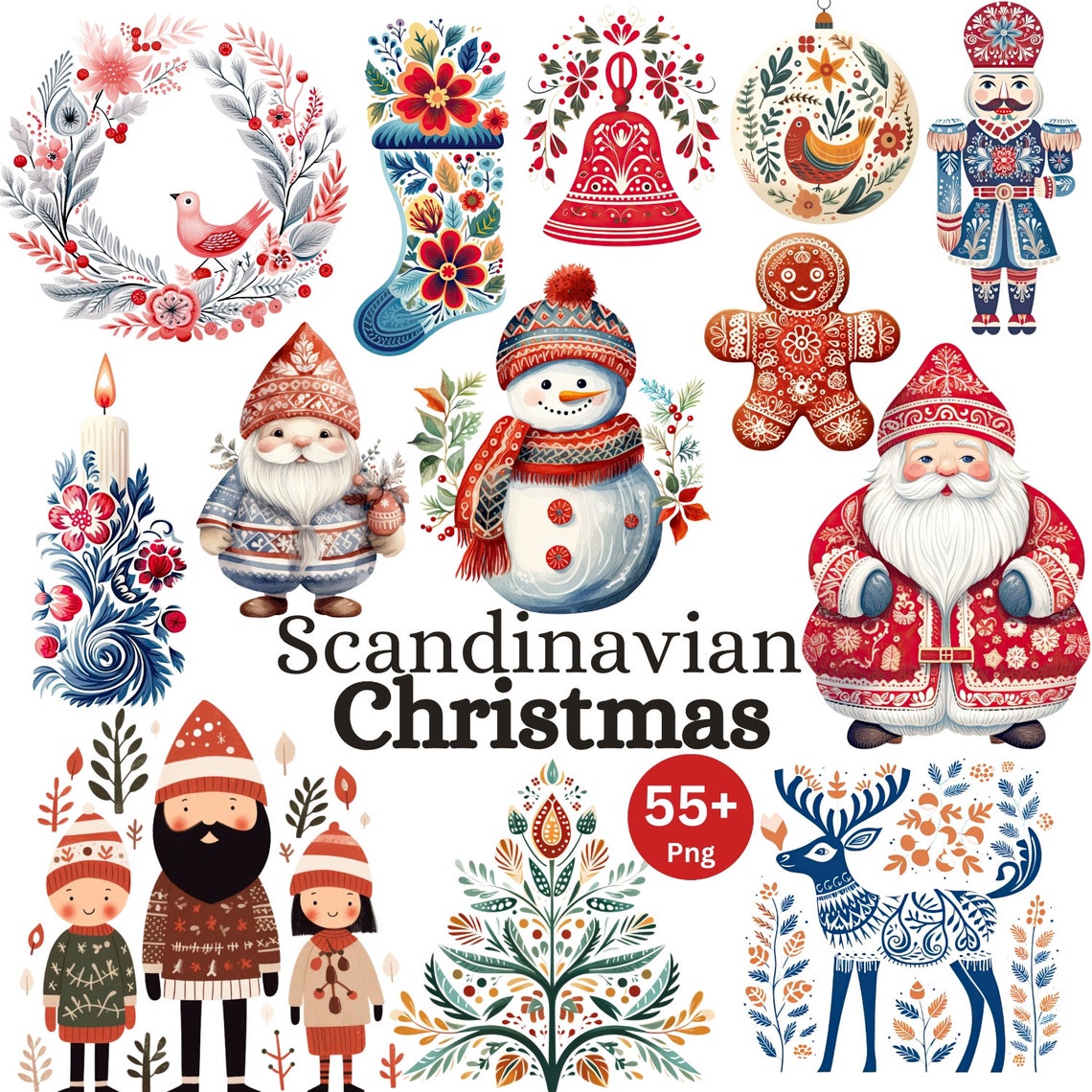 50PNG Watercolor Scandinavian Christmas Clipart, Christmas Flok Art Illustrations Clipart ...