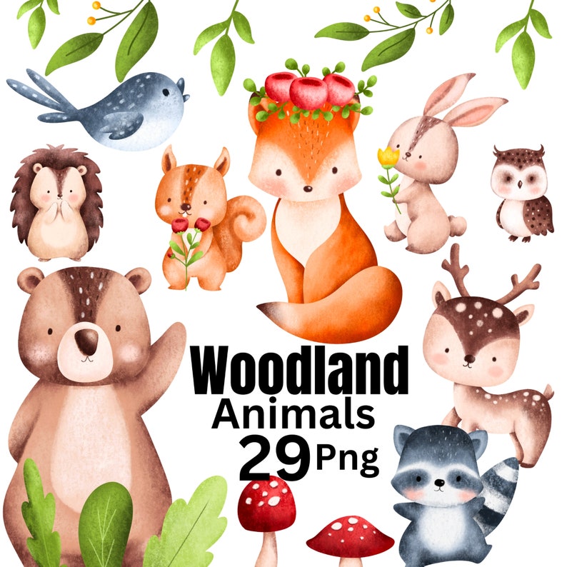 Woodland Nursery Clipart, Woodland Animals Watercolor Digital Clipart ...