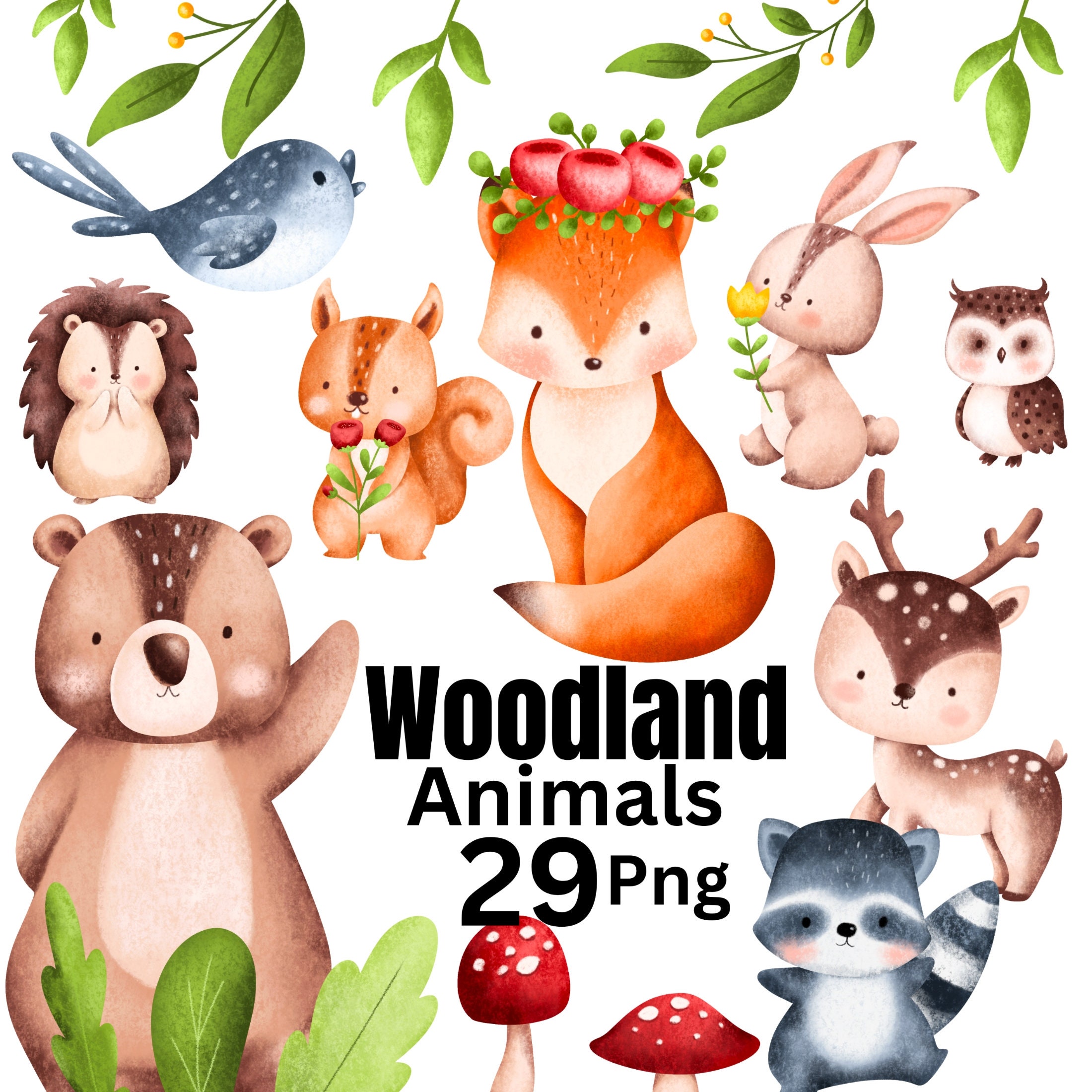 Woodland Nursery Clipart, Woodland Animals Watercolor Digital Clipart ...