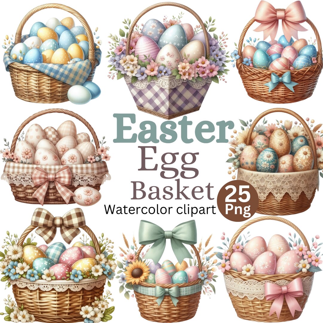 Easter Baskets Watercolor Clipart Bundle 25 PNG Floral Egg Basket ...