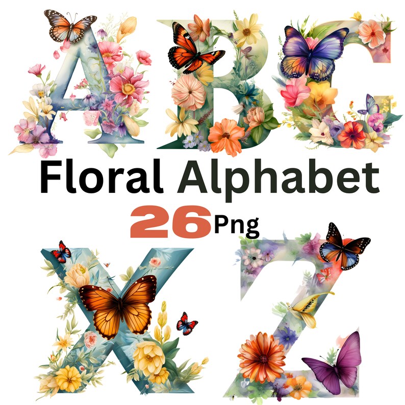 Alphabet Watercolor Png 26 Floral Letters Clipart Digital - Etsy