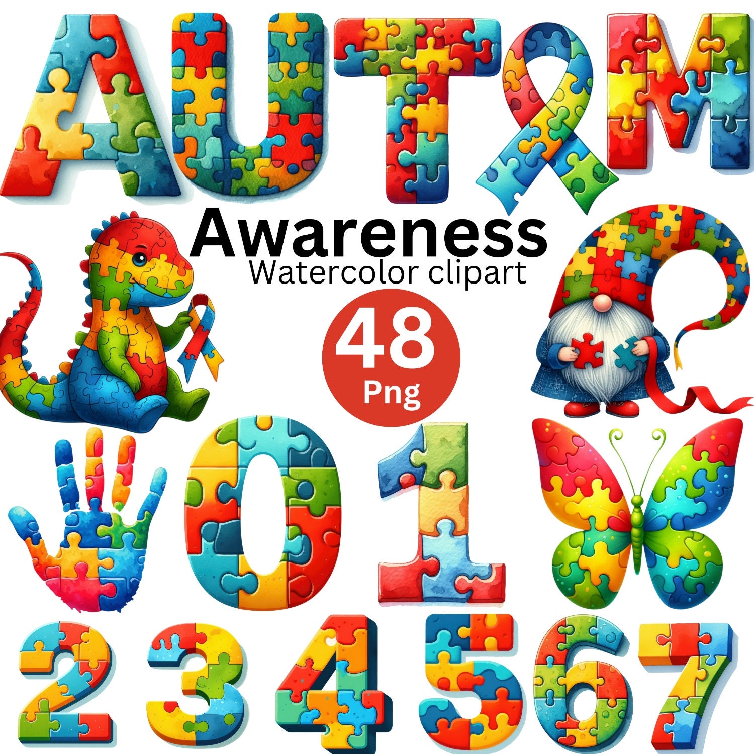 Watercolor Cute Autism Awareness Clipart, Autism Puzzle Sunflower Gnome ...