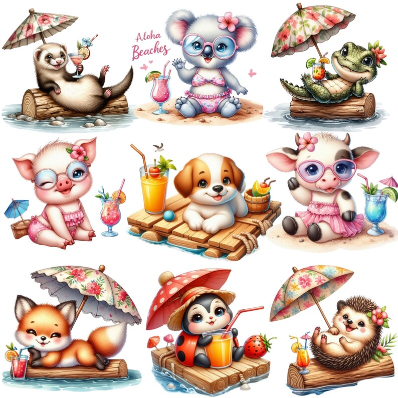 Beach Day Clipart Bundle, Watercolor Summer,cute Undersea, Vacation Png ...