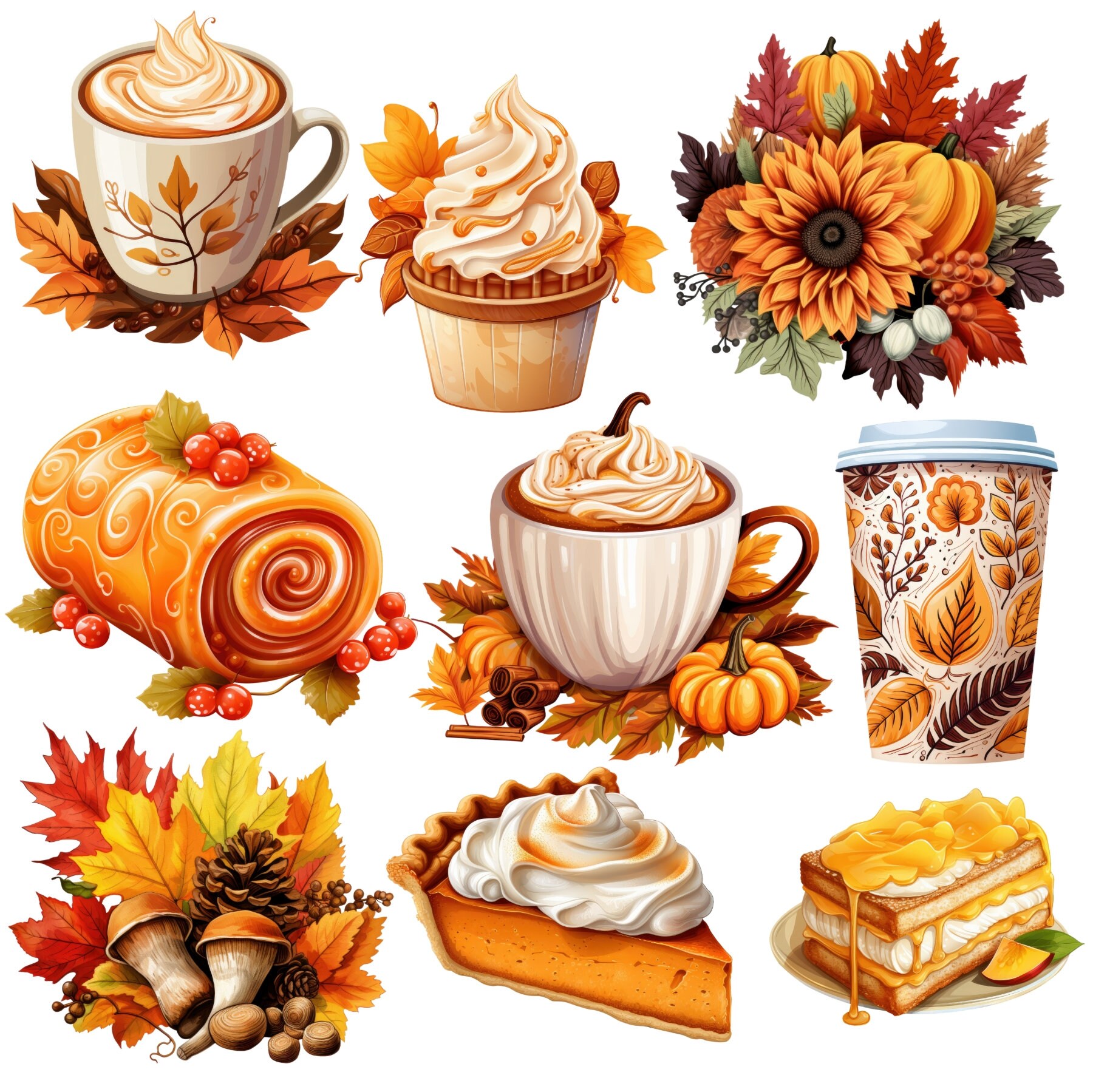 Watercolor Pumpkin Spice Clipart, Autumn and Fall Holiday Treats ...