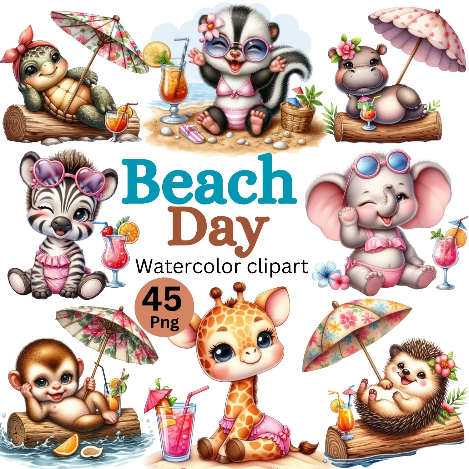 Beach Day Clipart Bundle, Watercolor Summer,cute Undersea, Vacation Png ...