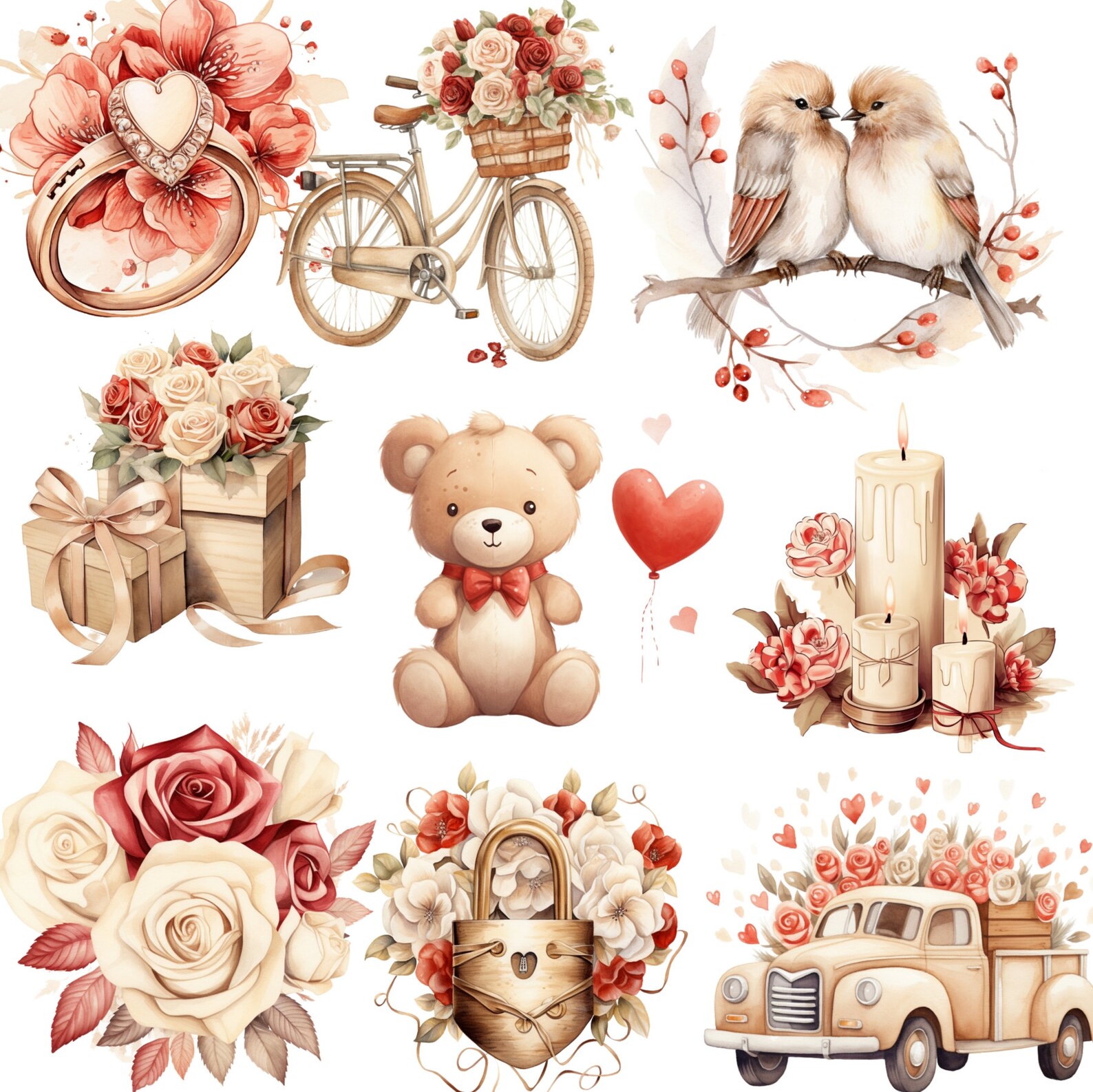 Watercolor Valentine's Day Clipart, Watercolor Romantic Clipart,red ...