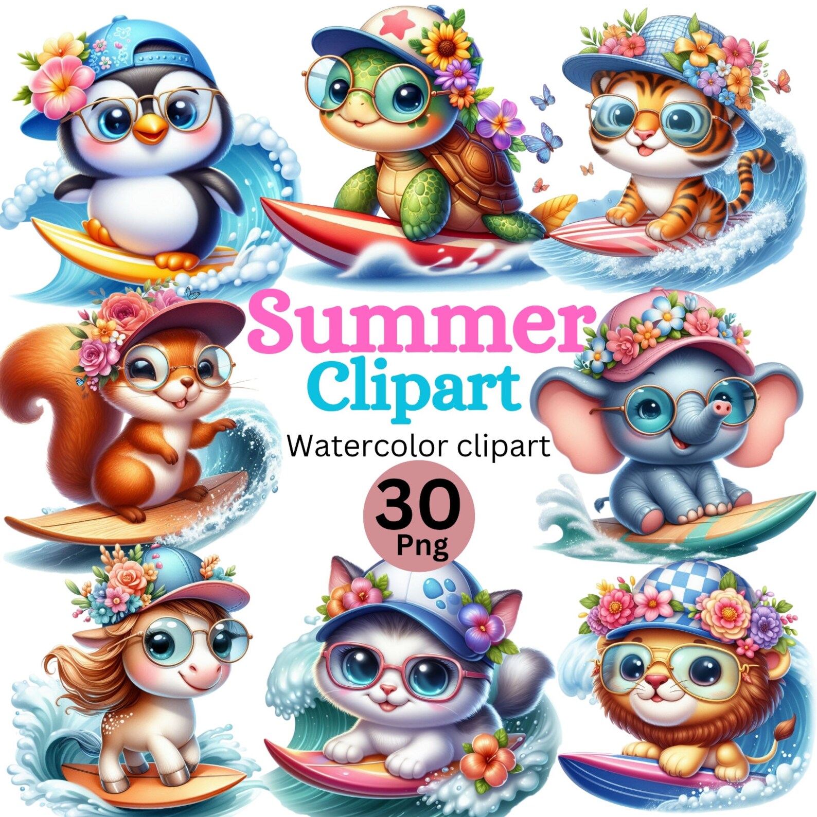 Beach Day Clipart Bundle, Watercolor Summer,cute Undersea, Vacation Png ...