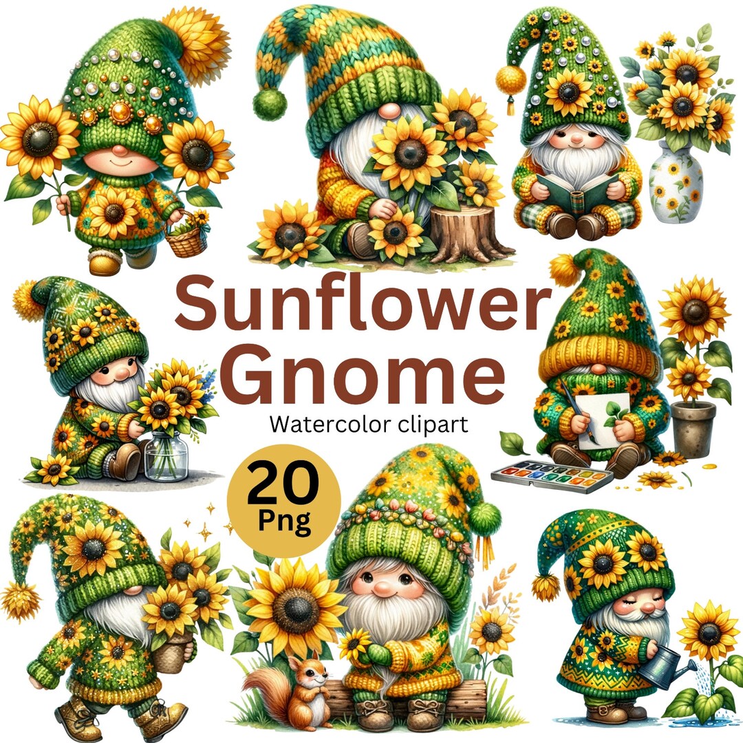 Watercolor Sunflower Gnome Clipart,20png Garden Gnome Clipart ...