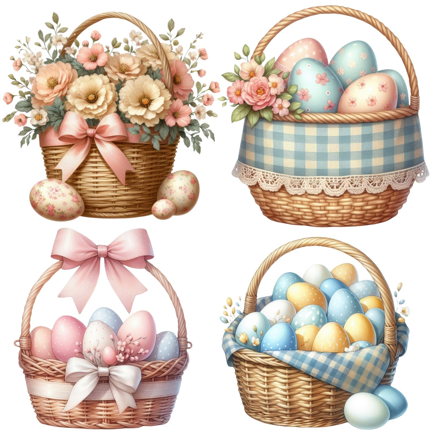 Easter Baskets Watercolor Clipart Bundle 25 PNG Floral Egg Basket ...