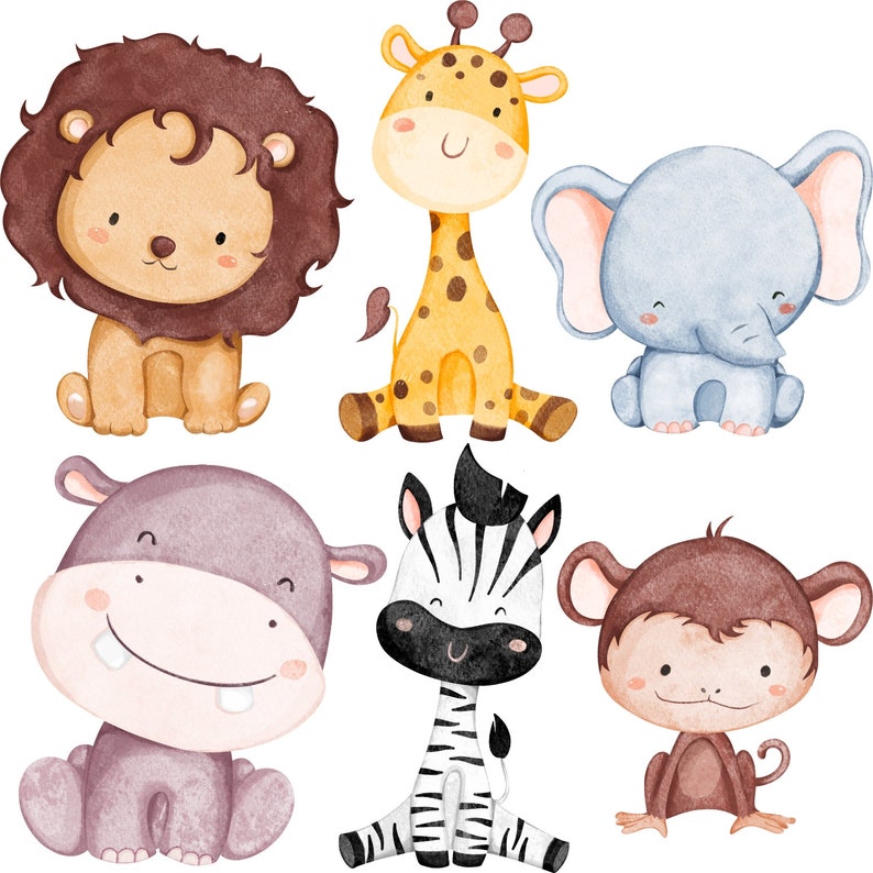 Watercolor Safari Animals Clipart, Cute Baby Safari Animals Clipart PNG ...