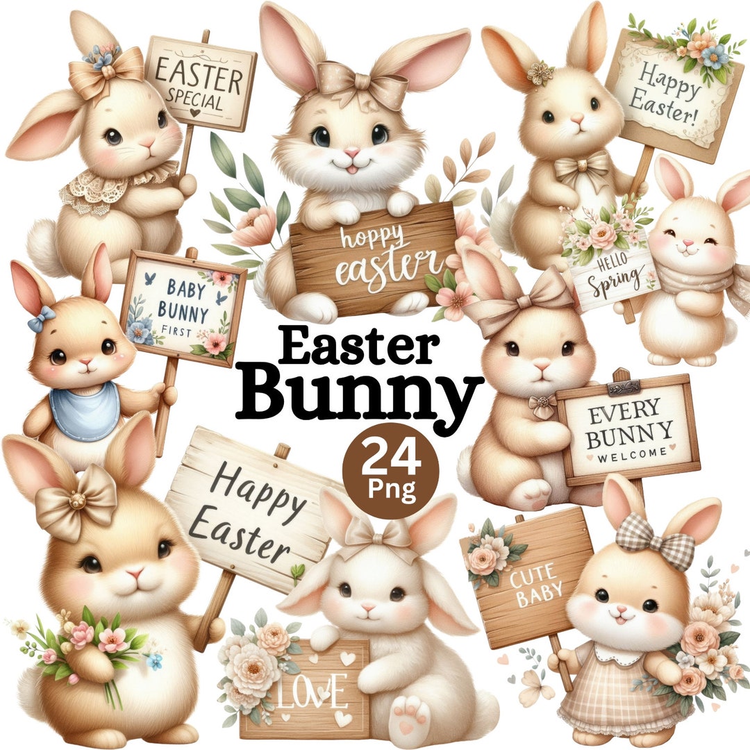 Watercolor Easter Bunnies Clipart, Spring Bundle,cute Baby Animals,png ...