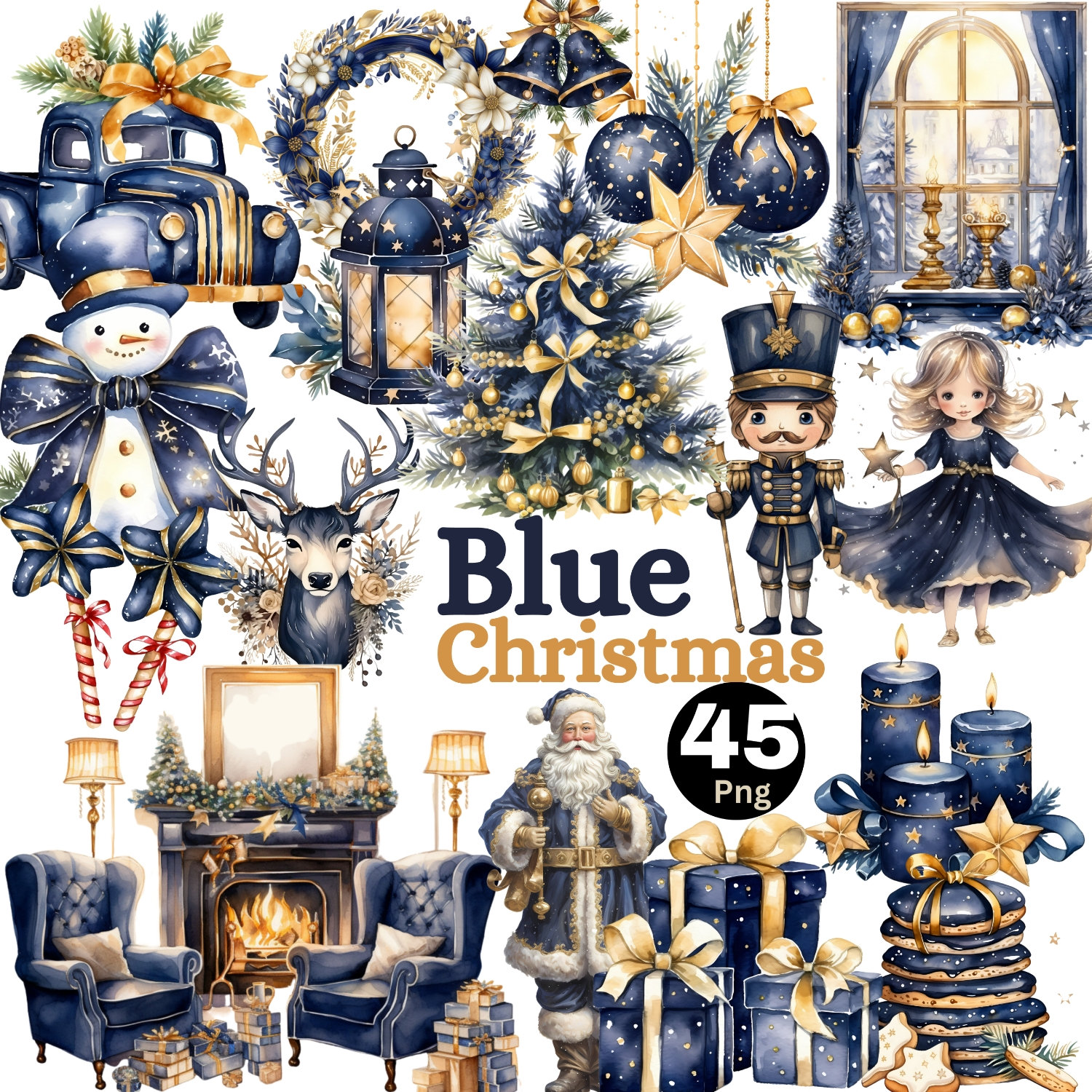 Blue Christmas Clipart 40PNG Bundle Festive Advent Clipart Nursery Art ...