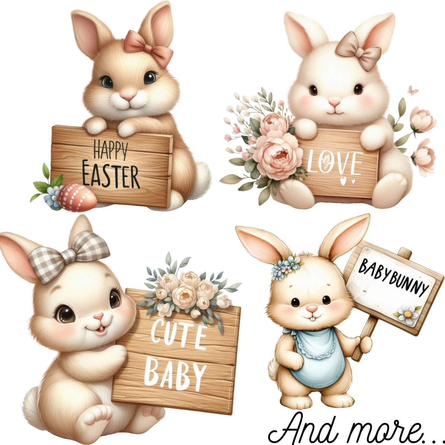 Watercolor Easter Bunnies Clipart, Spring Bundle,cute Baby Animals,png ...