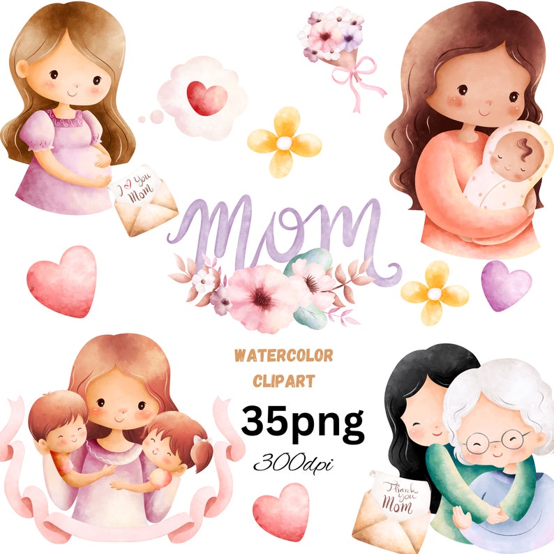Mother's Day Watercolor Clipart Set Animal Mom and Baby - Etsy