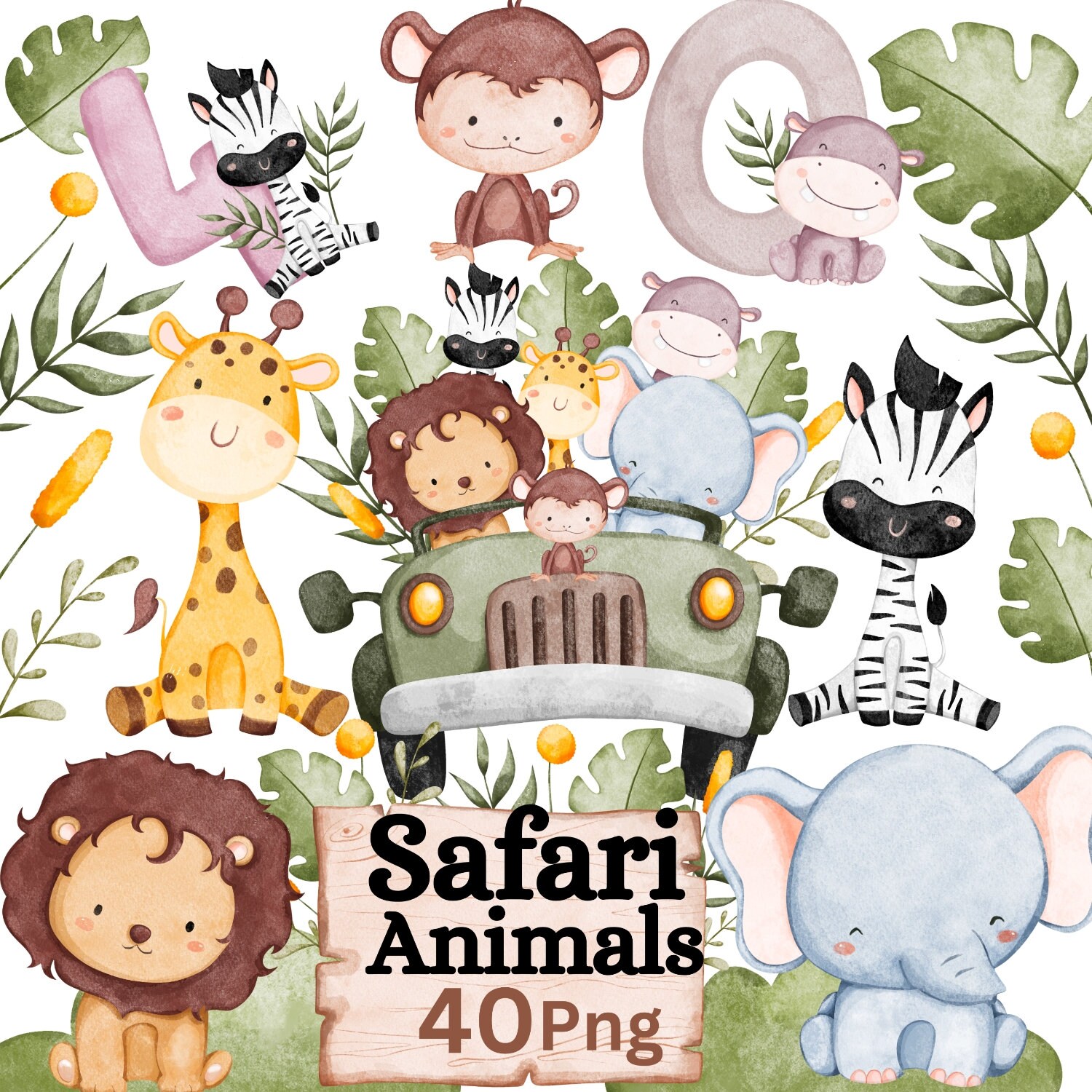 Watercolor Safari Animals Clipart, Cute Baby Safari Animals Clipart PNG ...