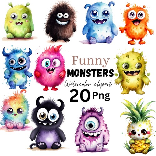 Cute Cartoon Monster Clipart Set. Colorful Watercolor - Etsy