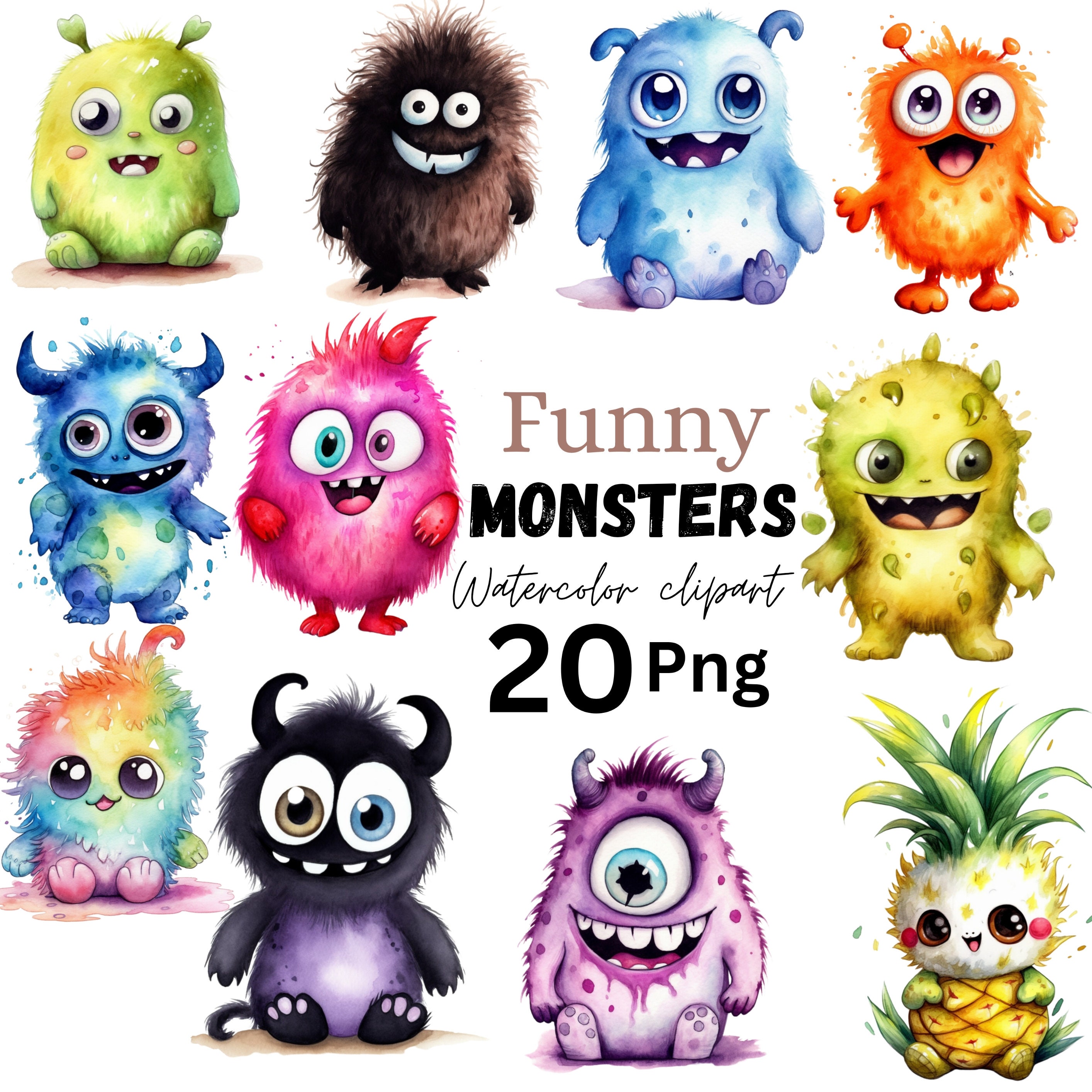 20 Baby Monster Clipart Watercolor Cute Monster Clipart - Etsy