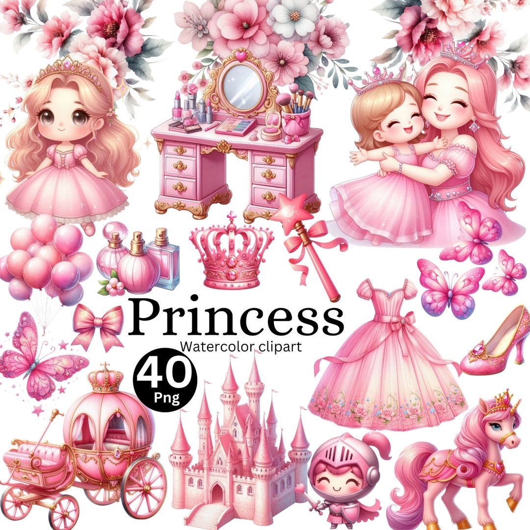 Watercolor Pink Princess Clipart, Little Princess Clipart, Fairytale ...