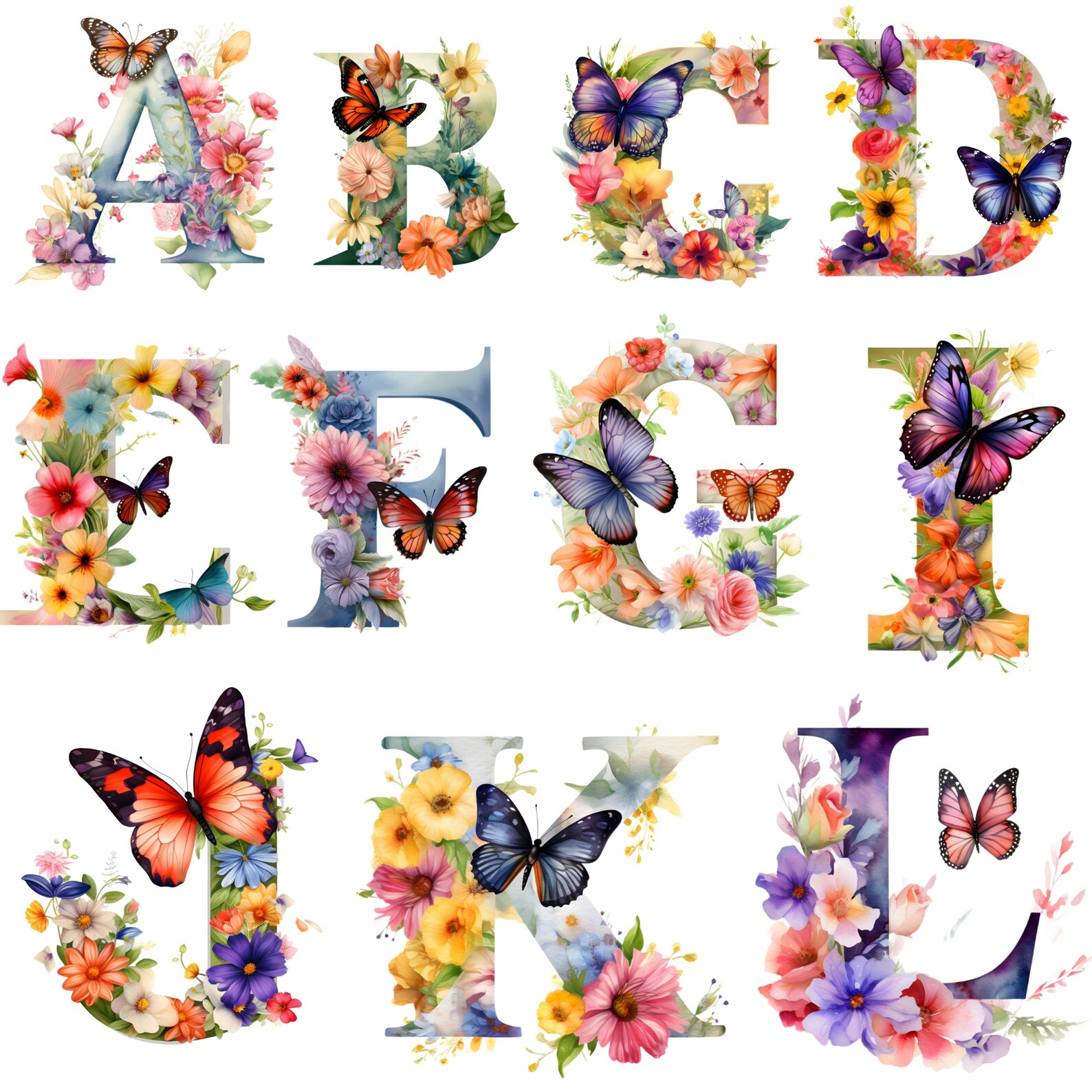 Alphabet Watercolor Png 26 Floral Letters Clipart Digital - Etsy