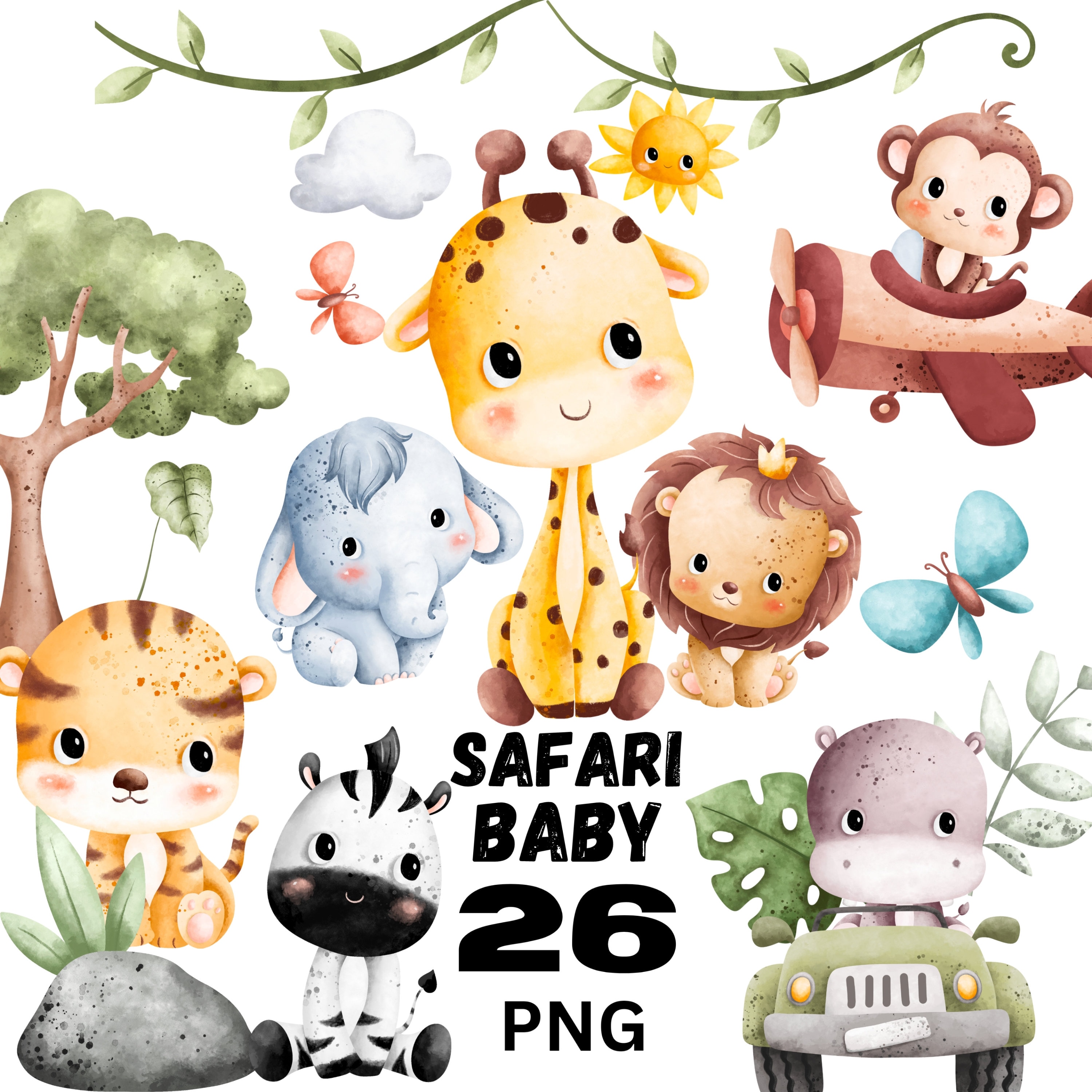 Watercolor Safari Animals Clipart Cute Baby Safari Animals - Etsy UK