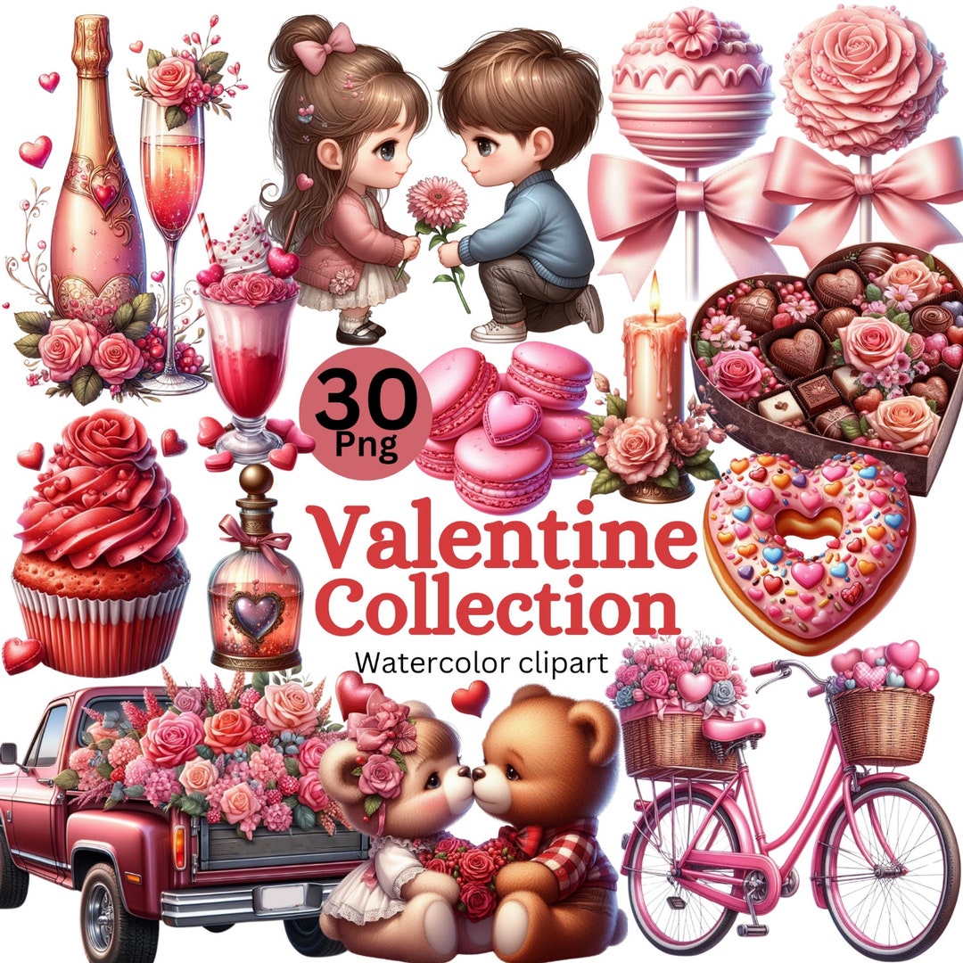 Watercolor Cute Valentines Collection Clipart,30png Valentines Day ...